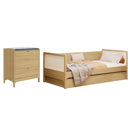 Jogo de Quarto Brisa Cômoda 3 Gavetas e Bicama Sofá Carvalho Fosco - Reller Móveis - PRMoveis